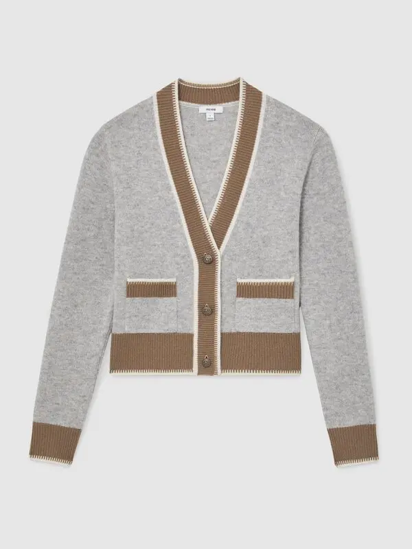 REISS Grey & Neutral Wool-cashmere Tipped Cardigan