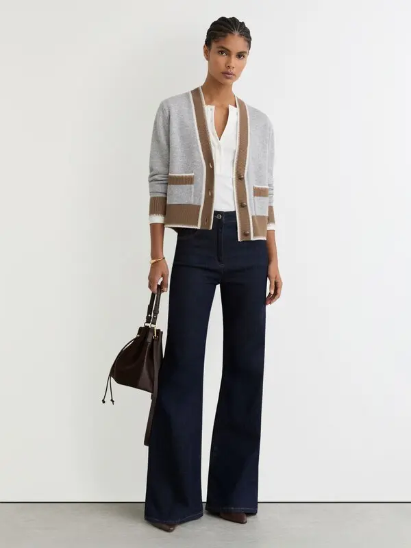 REISS Grey & Neutral Wool-cashmere Tipped Cardigan