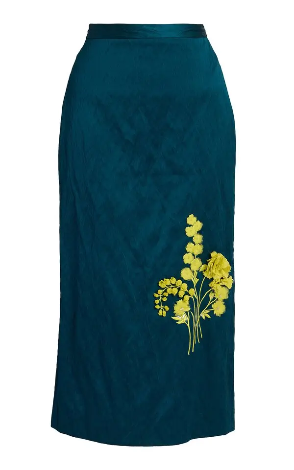 Erdem Floral Embroidered Satin Midi Skirt - Blue