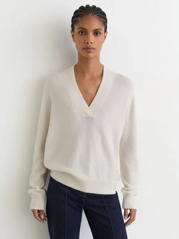 REISS Cashmere Shawl-neck Jumper - Ivory