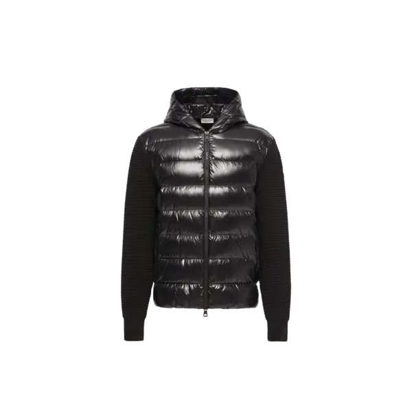 Moncler Zip-up Padded Cardigan With Wool And Cashmere Blend Sleeves - Black