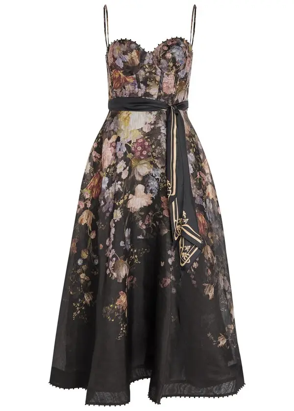 Zimmermann Luna Floral-print Linen And Silk-blend Midi Dress - Black