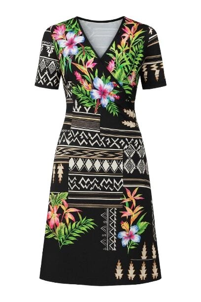 CONQUISTA Print Wrapover Dress - Black