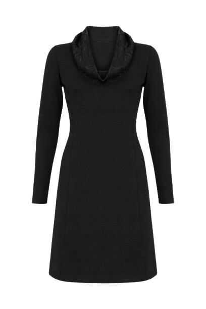 CONQUISTA Drape Neck Stretch Jersey Dress With Lace Detail - Black