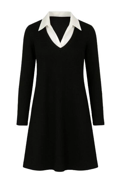 CONQUISTA Shirt Collar Detail Striped Dress - Black