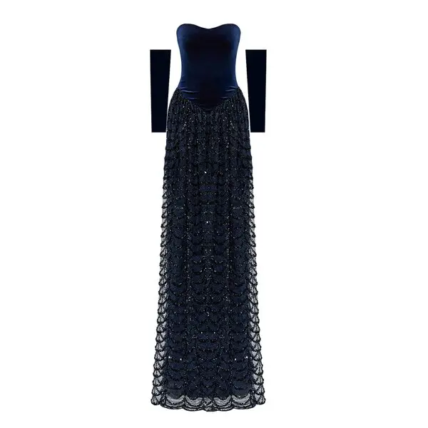 NUR KARAATA Navy Velvet Gown With Sequin Skirt And Gloves