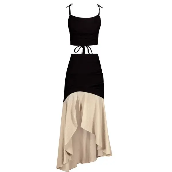 ALINA CERNATESCU Neutrals Merzouga Black & Beige Cocktail Corset Top & Midi Skirt Set - Beige/black