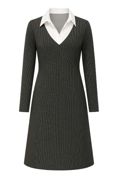 CONQUISTA Shirt Collar Detail Dark Striped Dress - Grey