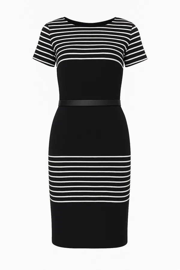CONQUISTA Fitted Lightweight Lined Midi Dress With Stripes & Faux Leather Detail - Black