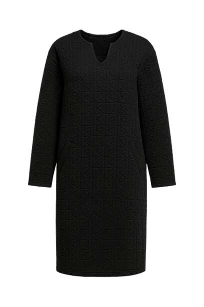 CONQUISTA Relaxed Long Sleeve Sack Style Midi Dress In Quilt Jersey With Side Pockets - Black