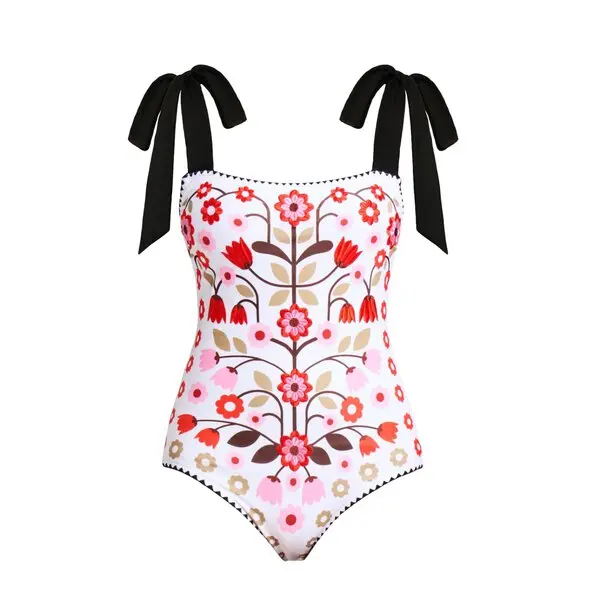 JESSIE ZHAO NEW YORK Floral Symphony Embroidered Swimsuit - White/red