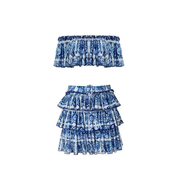 NUR KARAATA Helianthus Bleu Blanc Top & Skirt Set