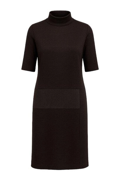 CONQUISTA Elbow Sleeve Woven Punto Di Roma Fitted Dress With Stand Up Collar - Brown