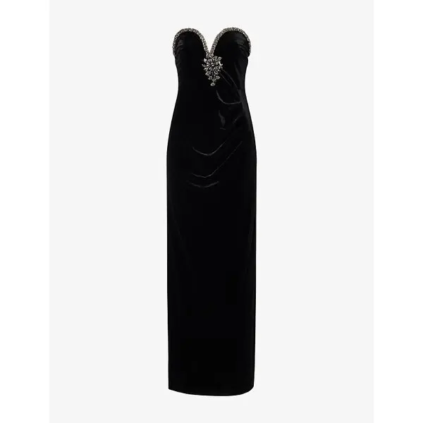 SELF-PORTRAIT Brooch-embellished Sweetheart-neck Velvet Maxi Dress - Black
