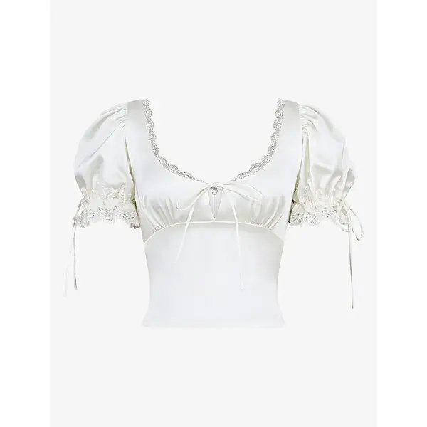 House Of Cb Elisabetta Puff-sleeve Lace-trim Woven Top - Ivory