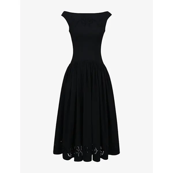 House Of Cb Lauren Boat-neck Broderie Cotton-blend Midi Dress - Black