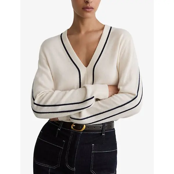 REISS Mila V-neck Knitted Jumper - Ivory Navy