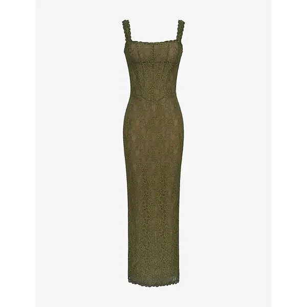 House Of Cb Aureliana Lace Scallop-trim Woven Maxi Dress - Olive