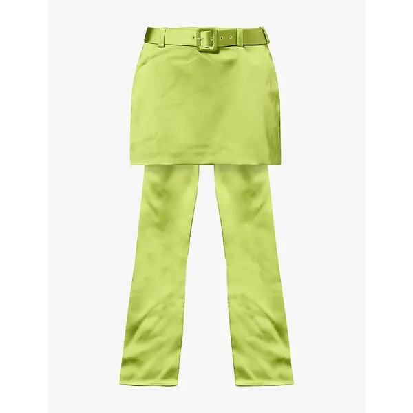 SELF-PORTRAIT Bow Belted-waist Satin Mini Skirt - Green