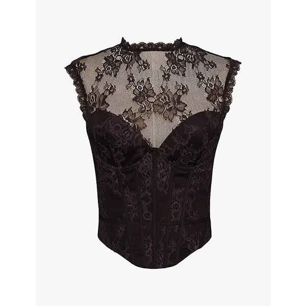 House Of Cb Serida Lace-embroidered Stretch-woven Corset Top - Chocolate Brown