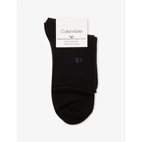 Calvin Klein Roll-top Brand-text Pack Of Two Cotton-blend Knitted Socks - Black