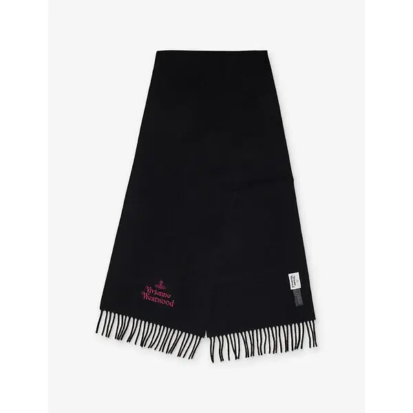 VIVIENNE WESTWOOD Brand-embroidered Fringed-trim Wool Scarf - Black