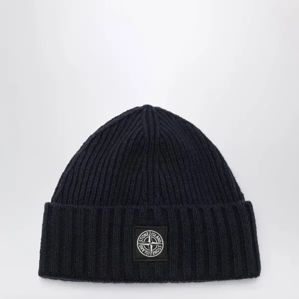 Stone Island Navy Wool-blend Beanie With Logo Patch - Blue