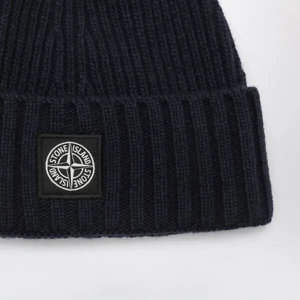 Stone Island Navy Wool-blend Beanie With Logo Patch