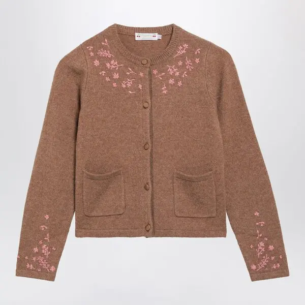 Bonpoint Beige Wool-blend Cardigan With Floral Embroidery