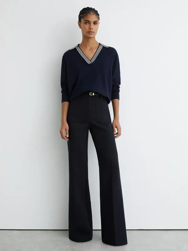 REISS Navy & White Wool Stripe-collar Jumper