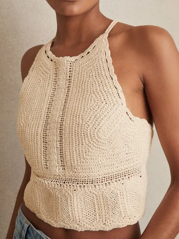 REISS Cotton Crochet Tie-back Cropped Top