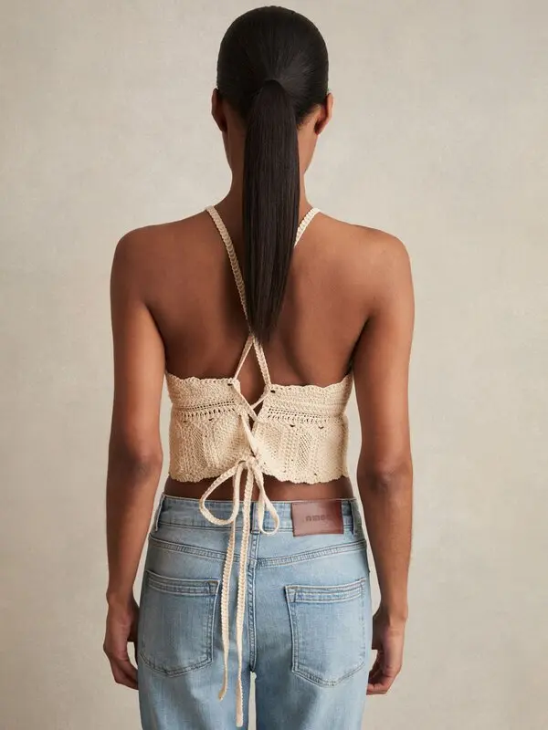 REISS Cotton Crochet Tie-back Cropped Top