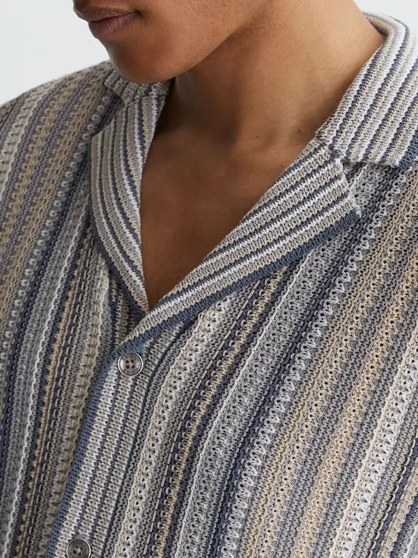 REISS Blue & Camel Striped Knit Cuban-collar Shirt