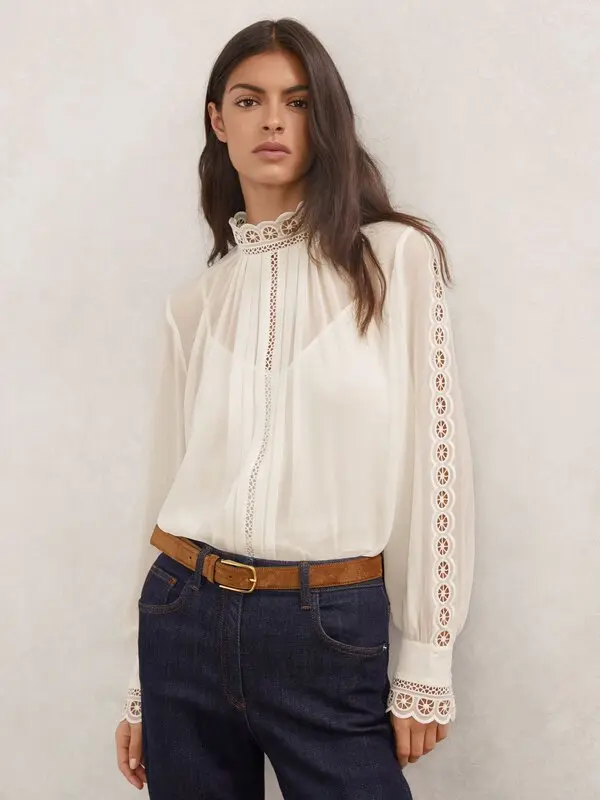 REISS Lace-trim Sheer Blouse