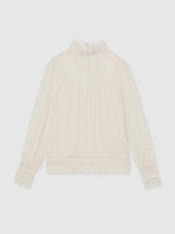 REISS Lace-trim Sheer Blouse
