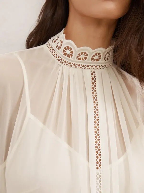 REISS Lace-trim Sheer Blouse