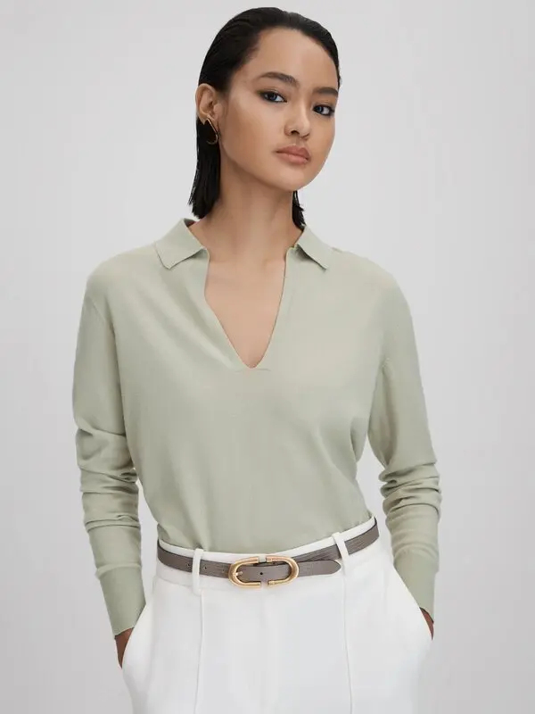 REISS Nellie Neck Top Lyocell Knitted - Sage