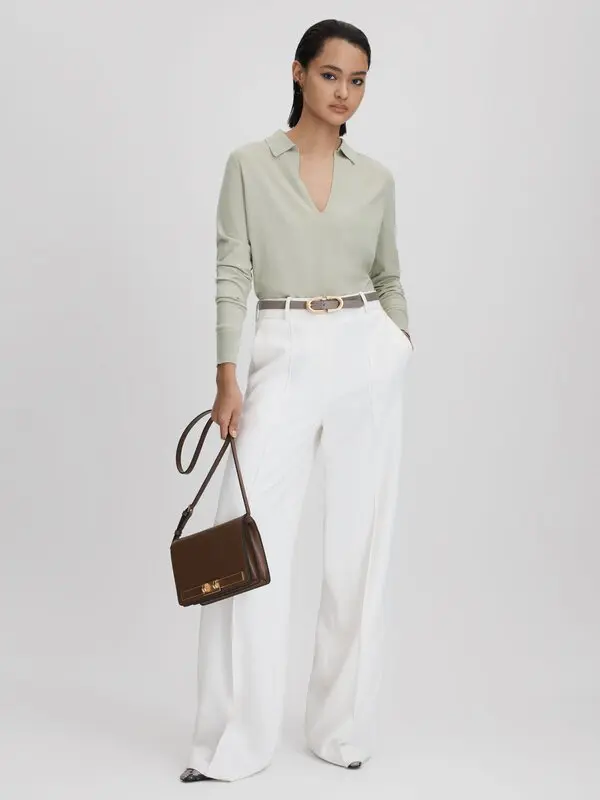 REISS Nellie Neck Top Lyocell Knitted - Sage