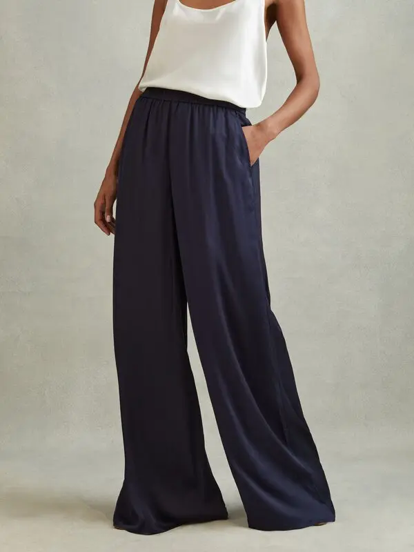 REISS Satin Elasticated Waist Wide Leg Trousers