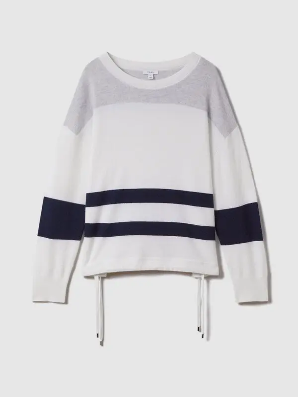 REISS White & Grey Wool Blend Striped Crew Neck Jumper