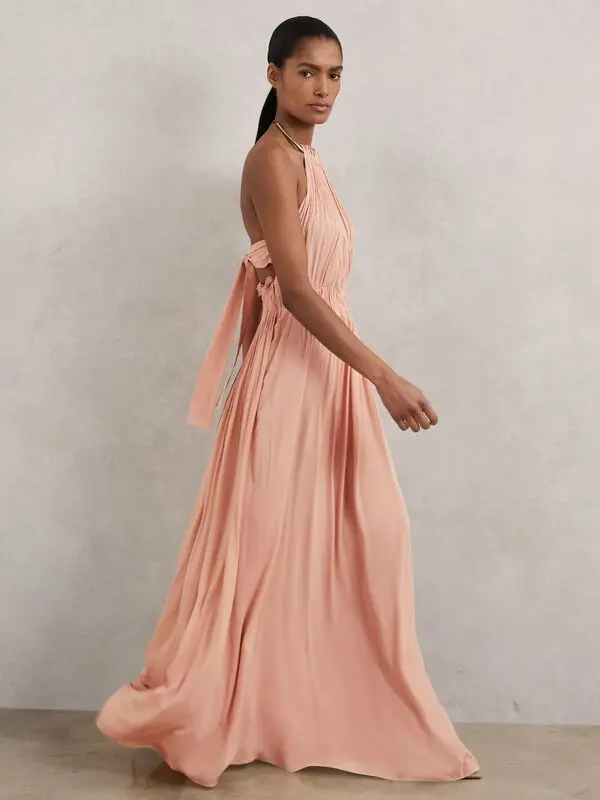 REISS Ruched Ring-detail Halterneck Maxi Dress - Pink