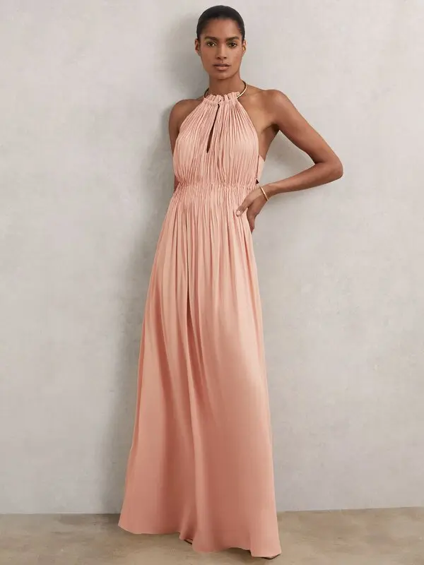REISS Ruched Ring-detail Halterneck Maxi Dress - Pink