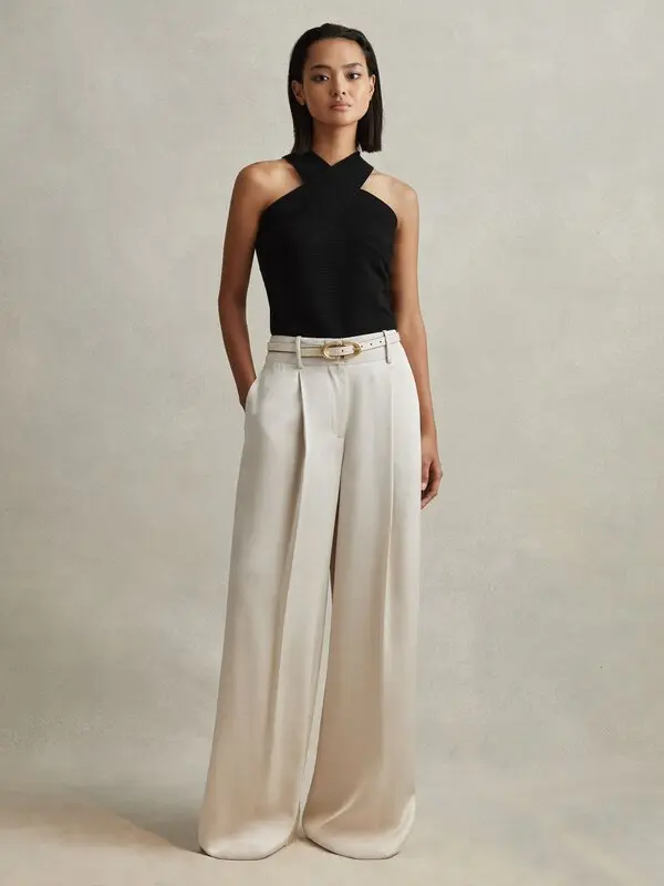 REISS Satin Wide Leg Trousers - Cream