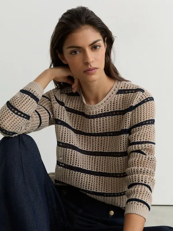 REISS Neutral & Navy Cotton-blend Open-knit Stripe Jumper