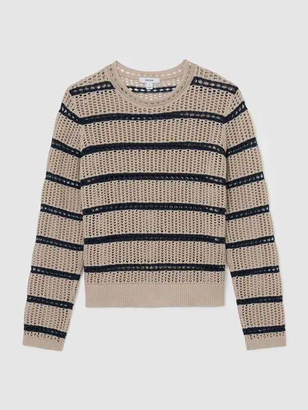 REISS Neutral & Navy Cotton-blend Open-knit Stripe Jumper