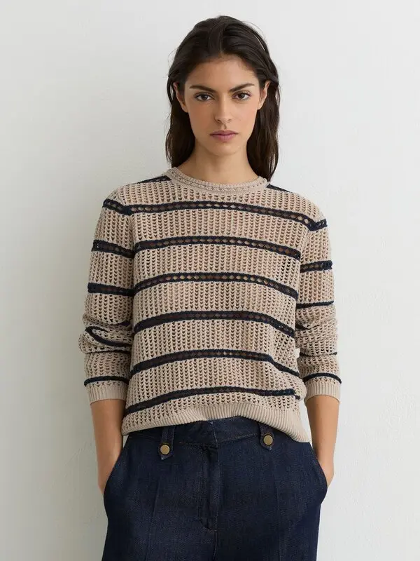 REISS Neutral & Navy Cotton-blend Open-knit Stripe Jumper
