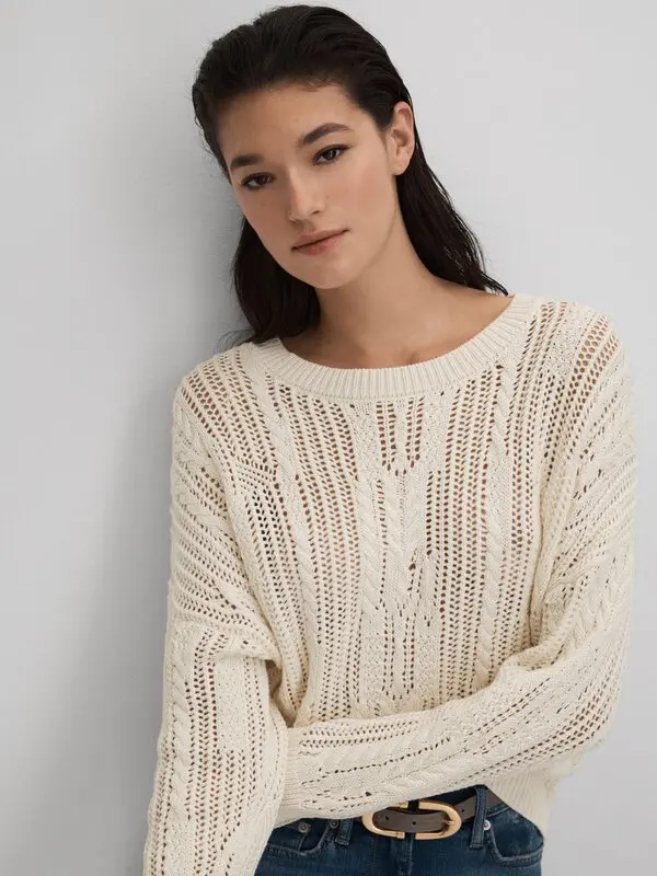 REISS Tanya Cotton Blend Open Stitch Crew Neck Jumper