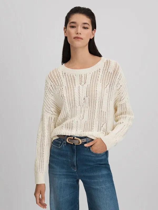 REISS Tanya Cotton Blend Open Stitch Crew Neck Jumper