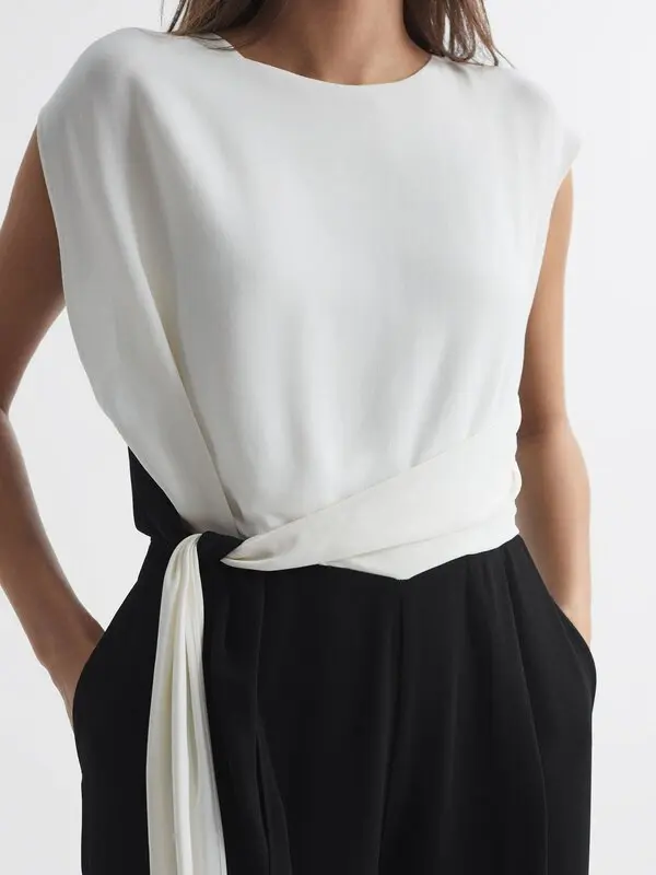 REISS Black & Cream Fitted Colourblock Wide Leg Jumpsuit