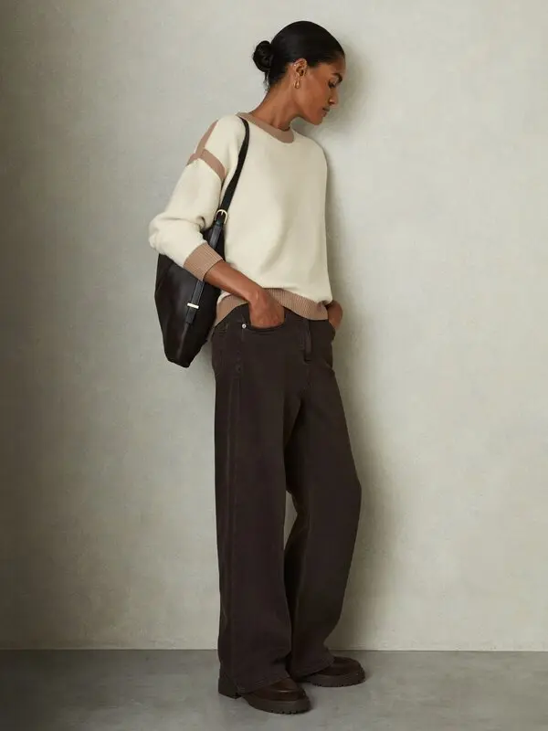REISS Brown Wool Crew Neck Jumper - Cream/brown